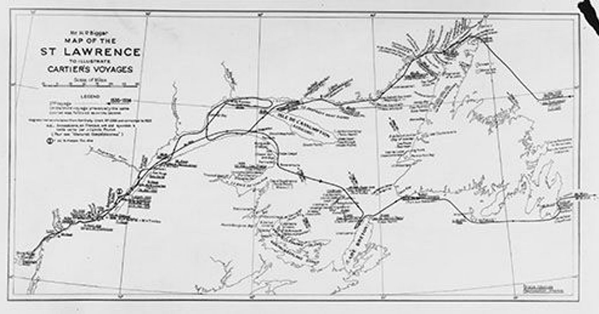 Carte avec tracé du voyage de Jacques Cartier, extrait d'un ouvrage ...