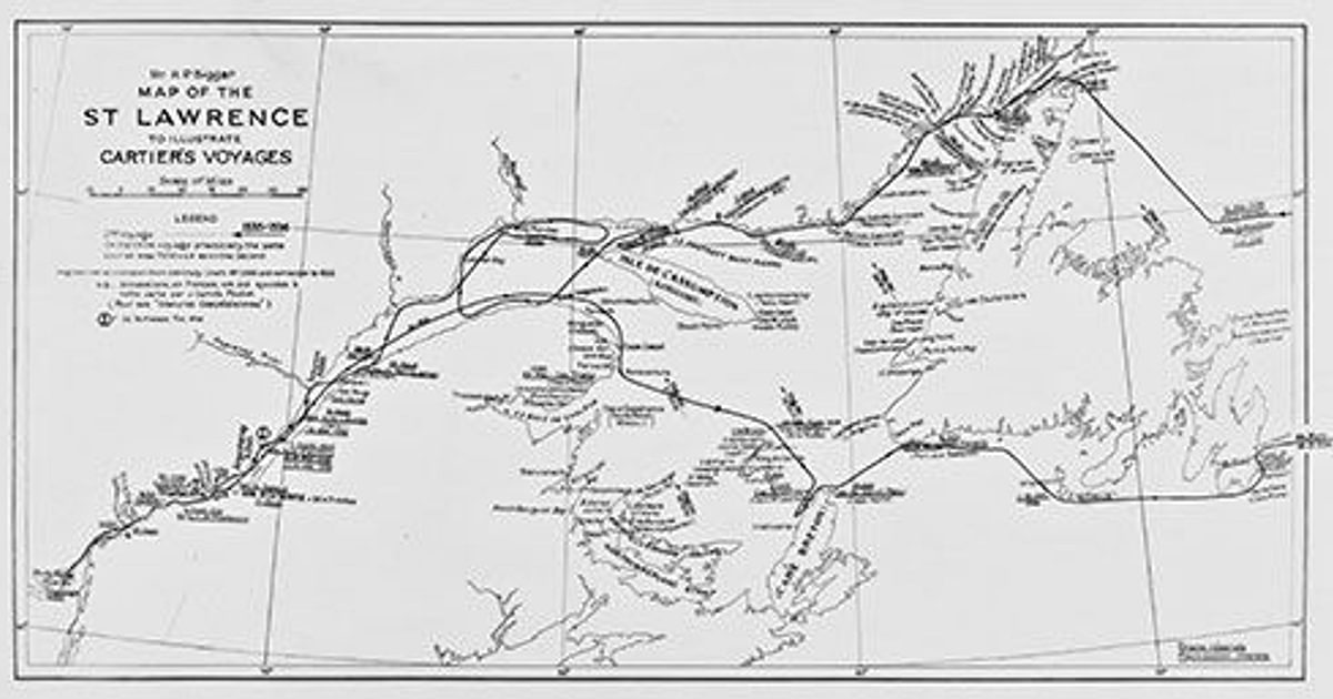 Carte avec tracé du voyage de Jacques Cartier, extrait d'un ouvrage ...